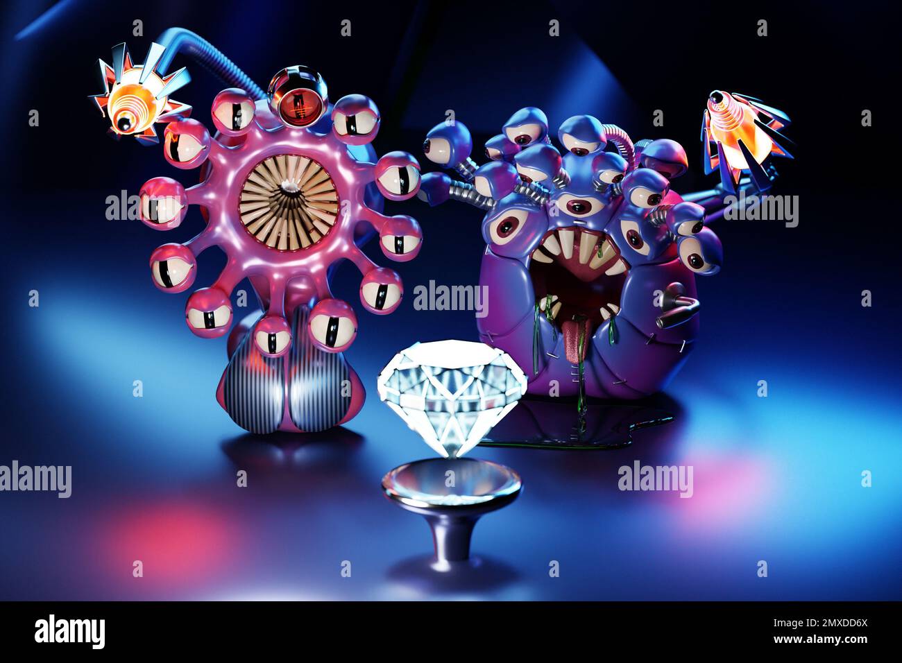 Evil pink cartoon monsters with a huge number of eyes, sight eyes ...