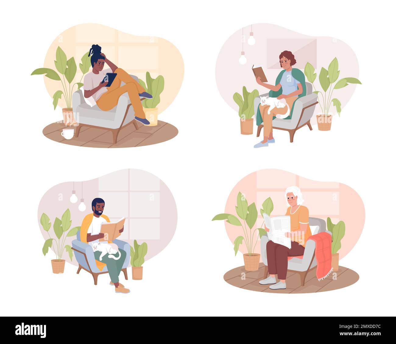 Reading in armchair with houseplants around 2D vector isolated illustrations set Stock Vector ...