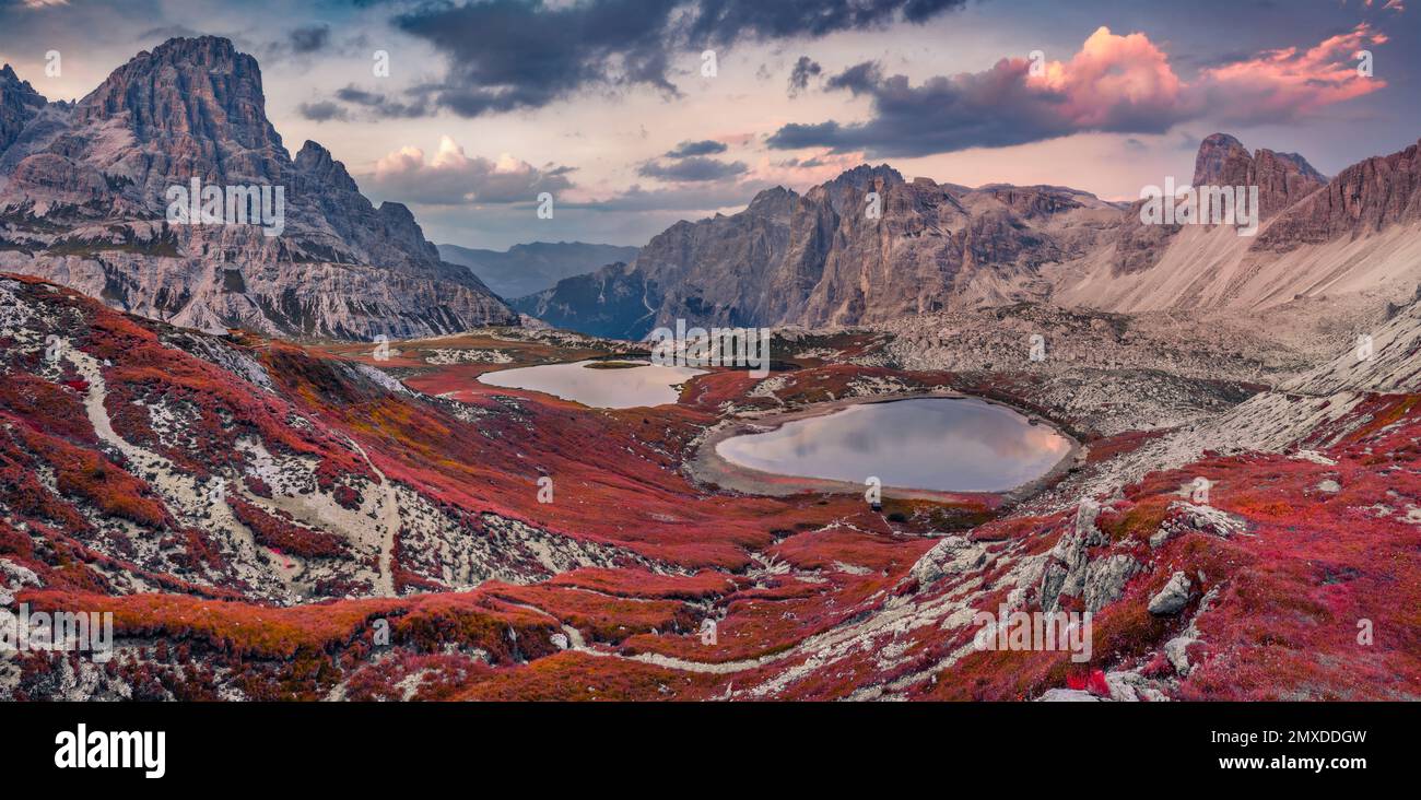 Beautiful autumn scenery. Colorful sunrise in rocky mountain valley ...