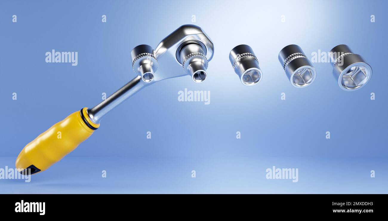3D illustration of a ratchet wrench in cartoon style on a blue ...