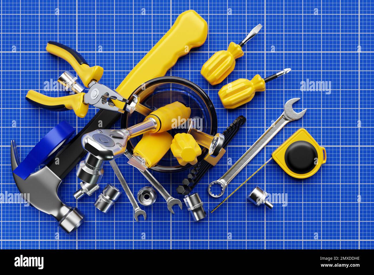 Various working tools for construction, repair. Screwdriver, level ...