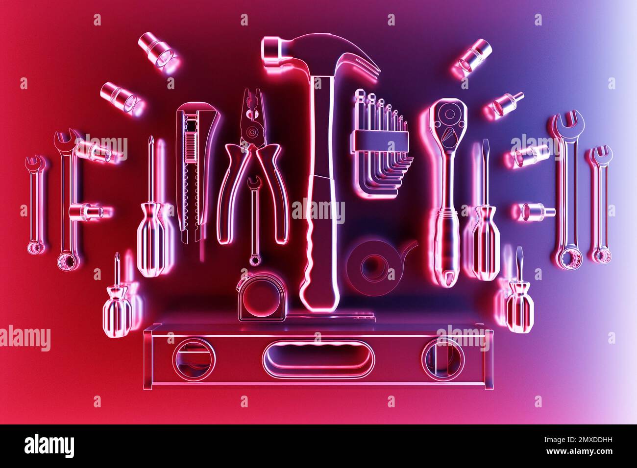 Various pink working tools for construction, repair on monocrome ...