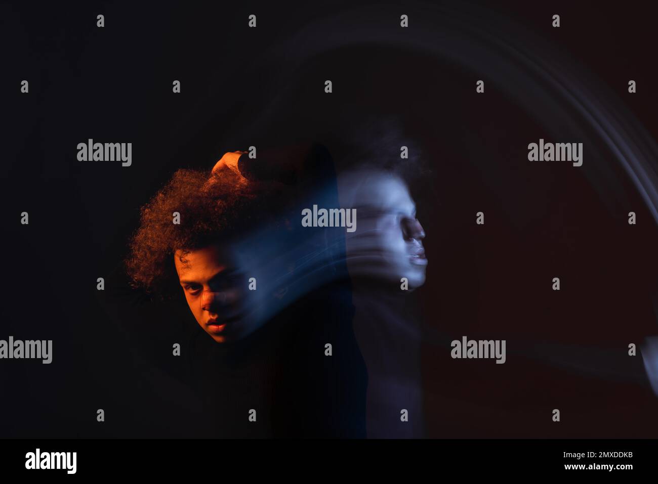 double exposure of depressed african american guy with injured face ...