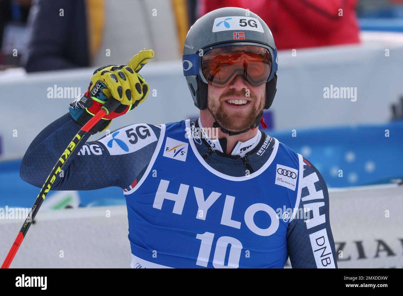 FILE - Norway's Aleksander Aamodt Kilde arrives at the finish area ...