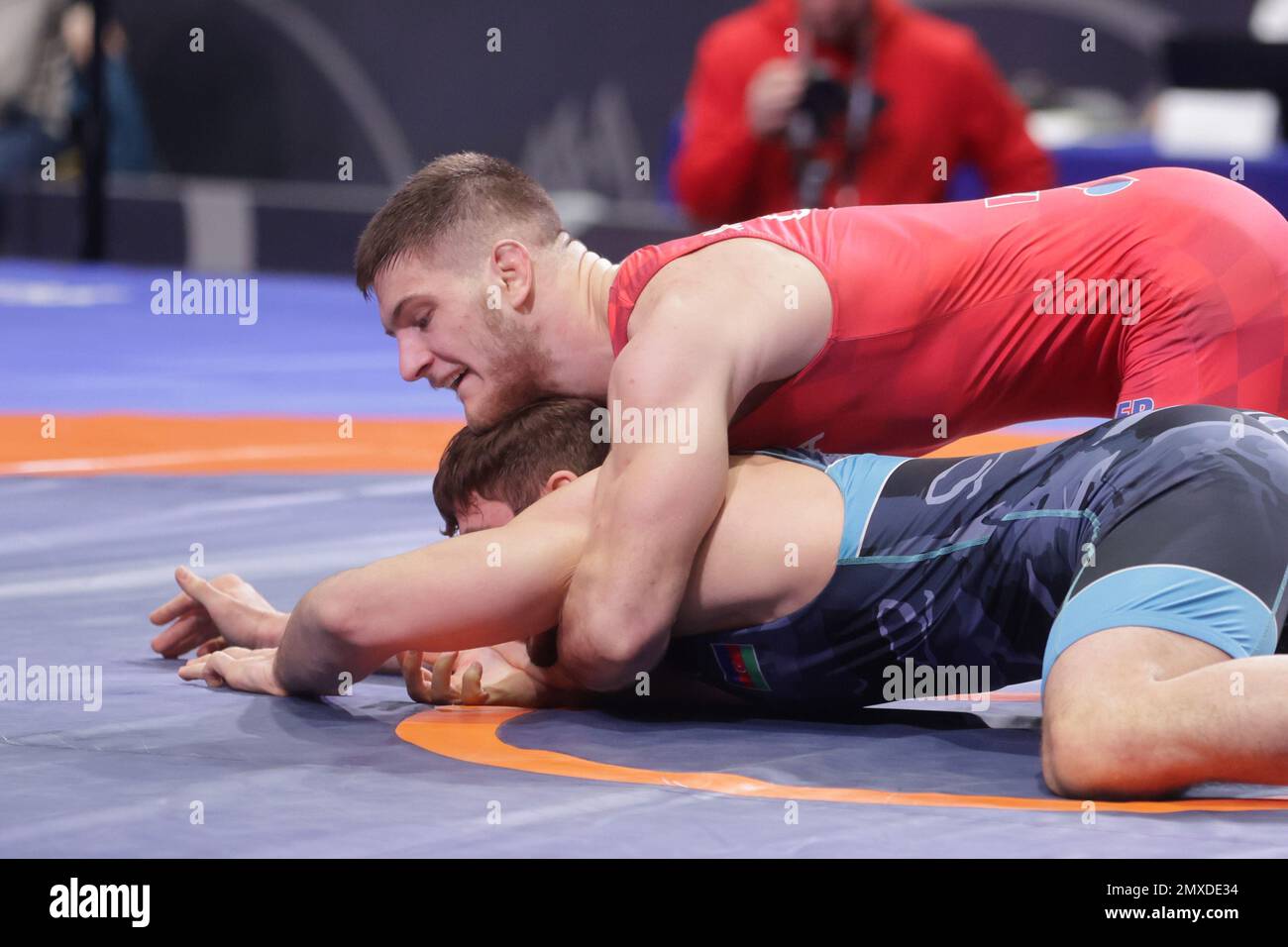 ZAGREB, CROATIA – FEBRUARY 03: Matej Mandic of Croatia (red) competes ...