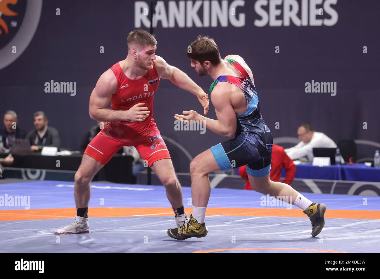 ZAGREB, CROATIA – FEBRUARY 03: Matej Mandic of Croatia (red) competes ...