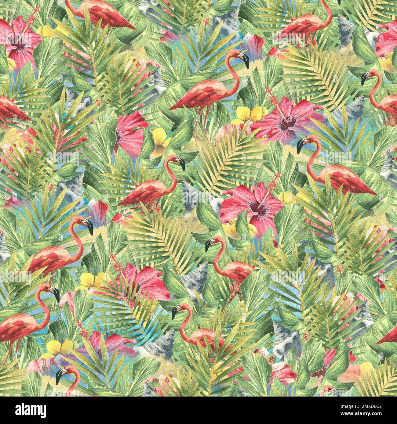 Tropical leaves with red hibiscus flowers, pink flamingos and seashells ...