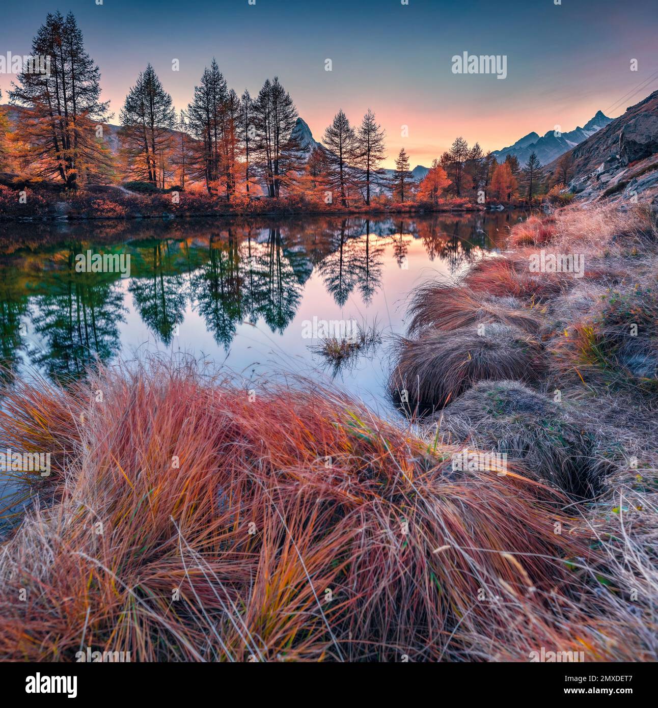 Calm evening view of Grindjisee lake, Swiss Alps, Zermatt resort ...
