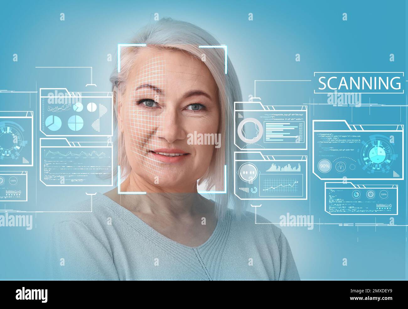 Facial Recognition System Woman With Scanner Frame On Face And