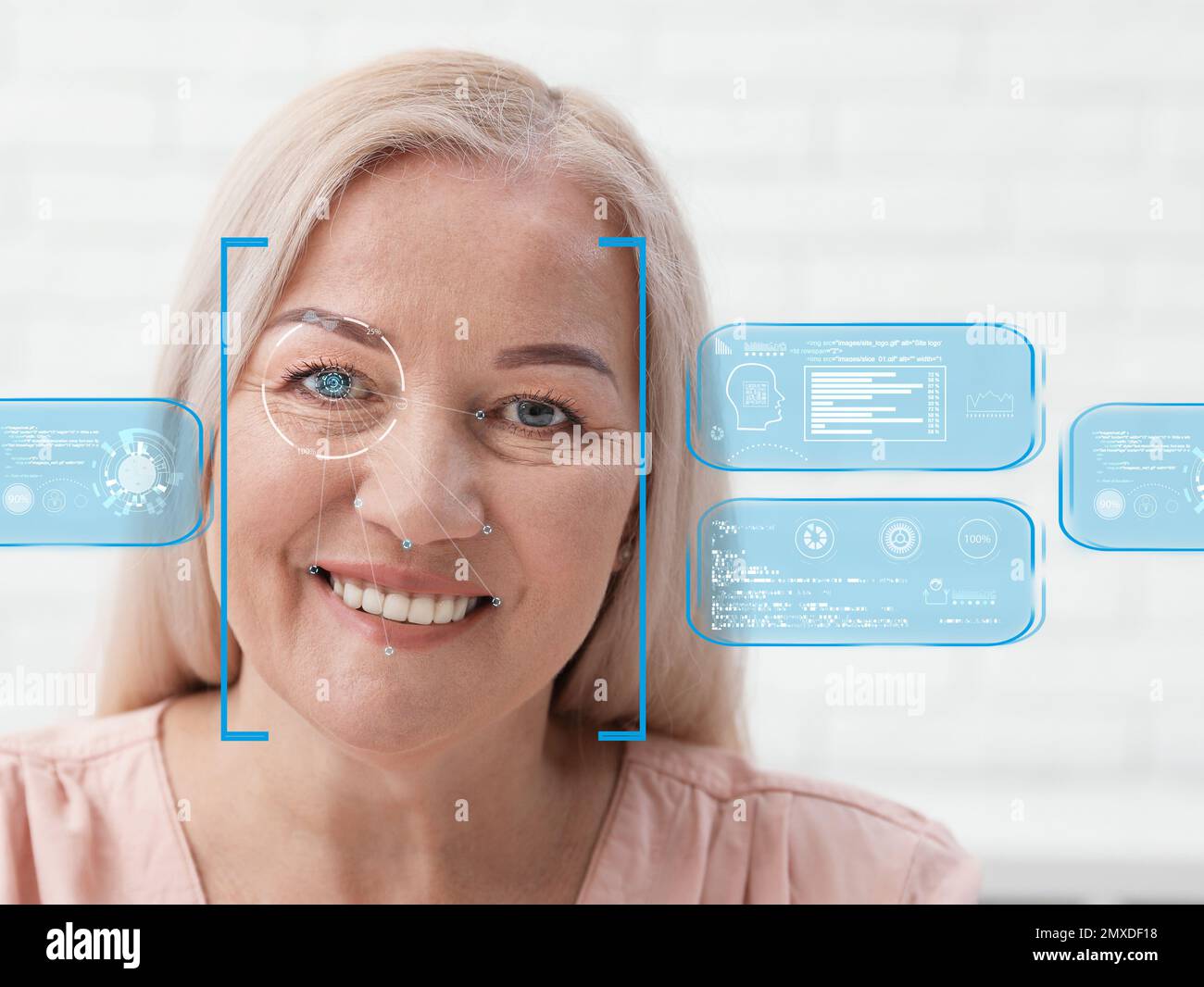 Facial Recognition System Mature Woman With Scanner Frame On Face And