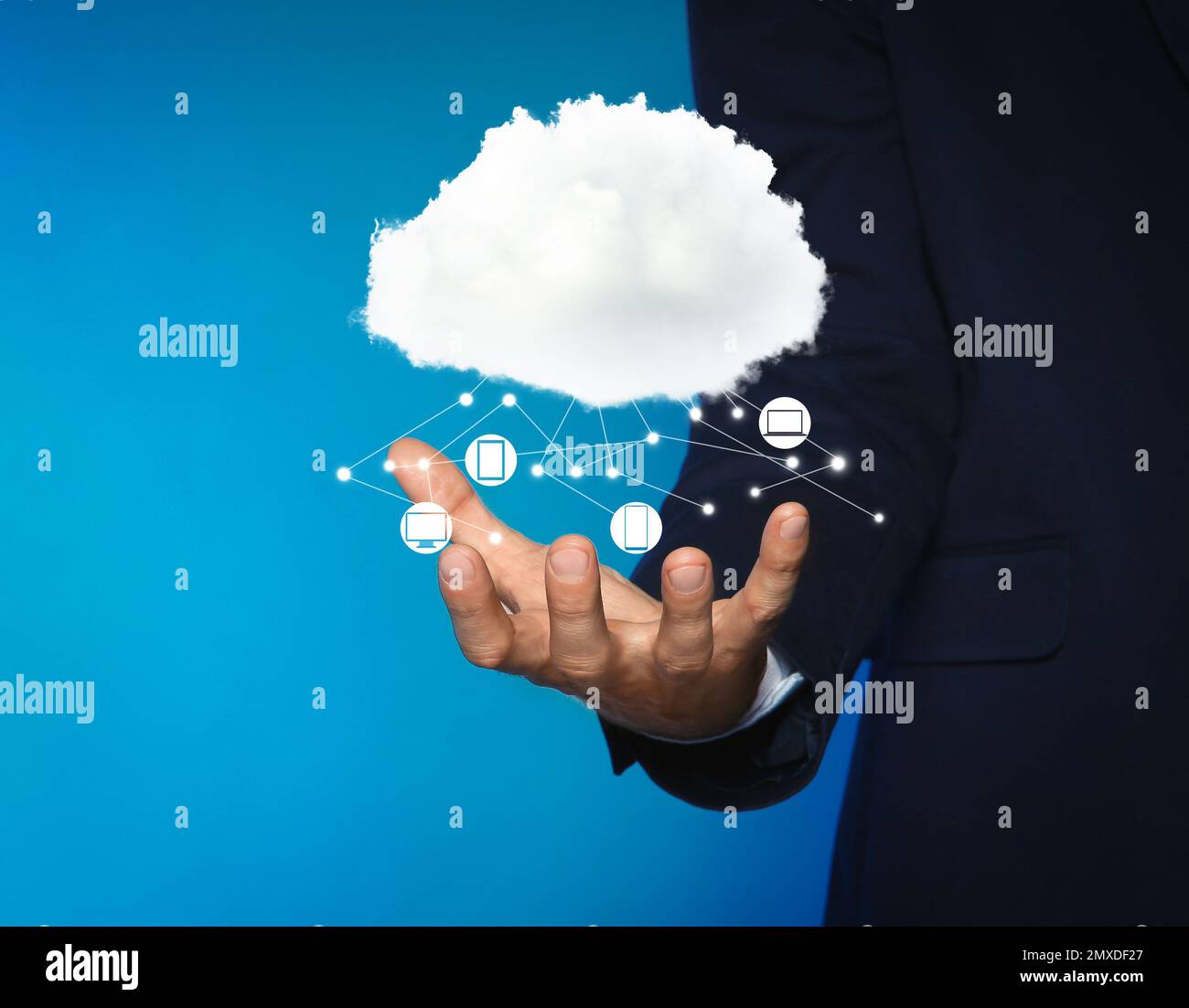 Modern storage technology concept. Man demonstrating cloud with icons ...