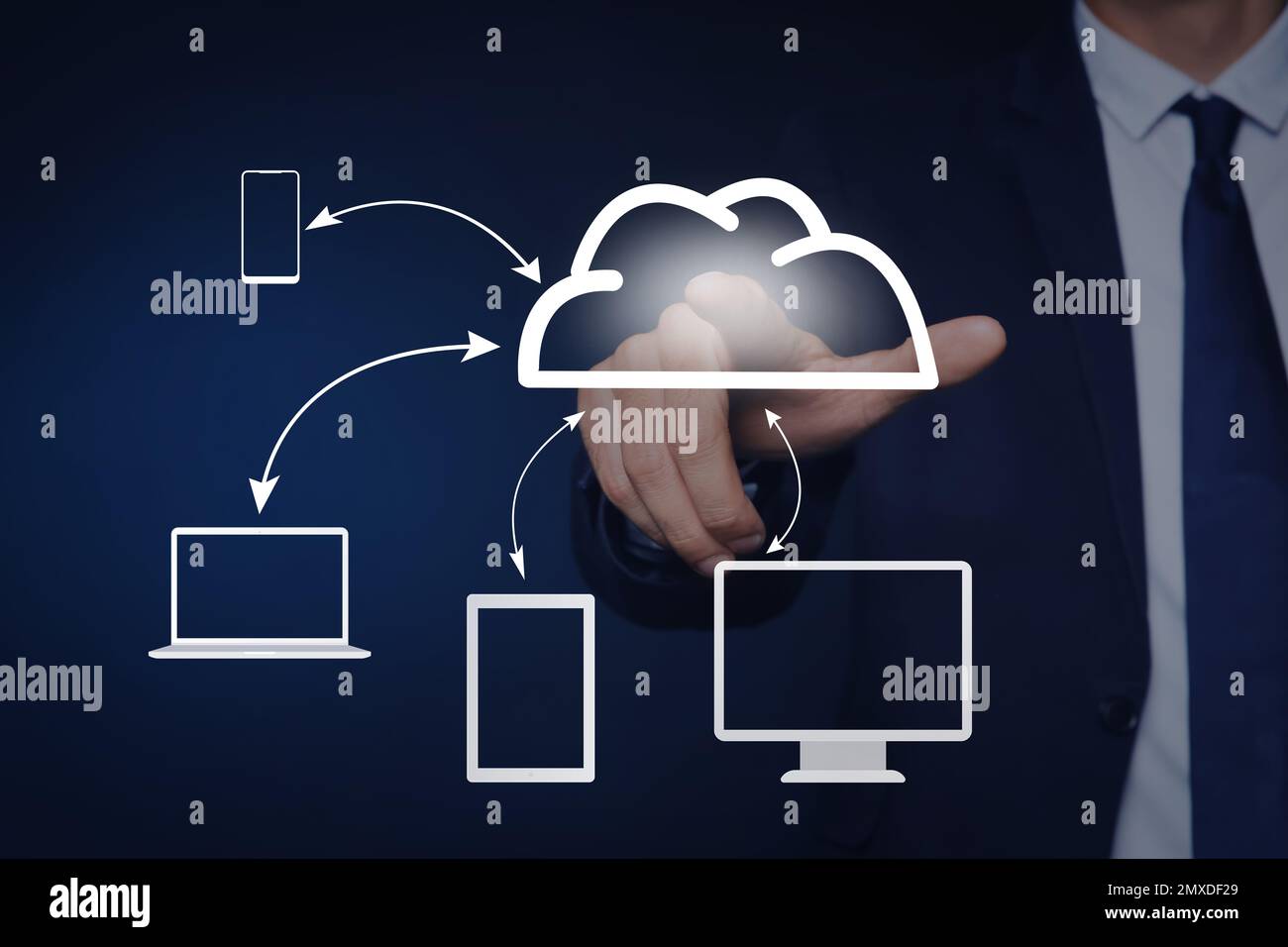 Modern storage technology concept. Man touching icon of cloud on ...