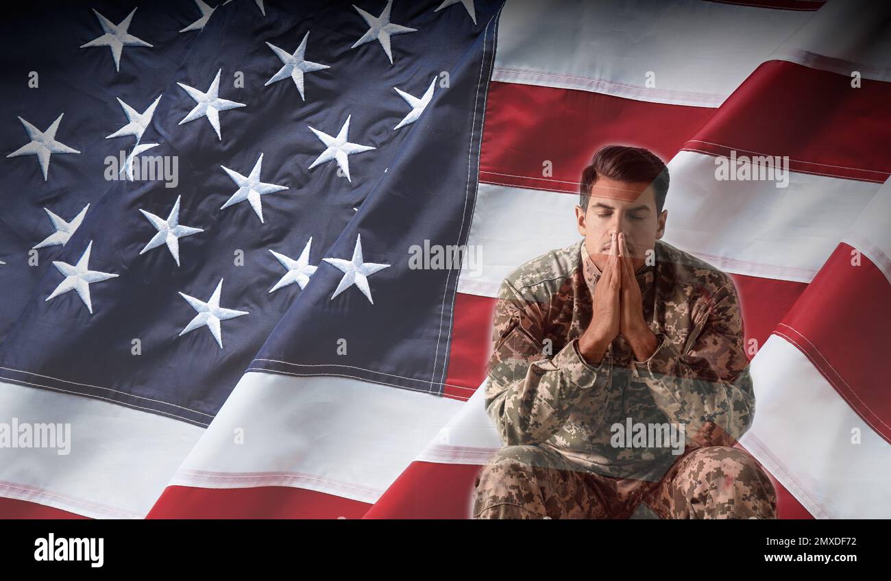 Double exposure of soldier and American flag. Military service Stock ...
