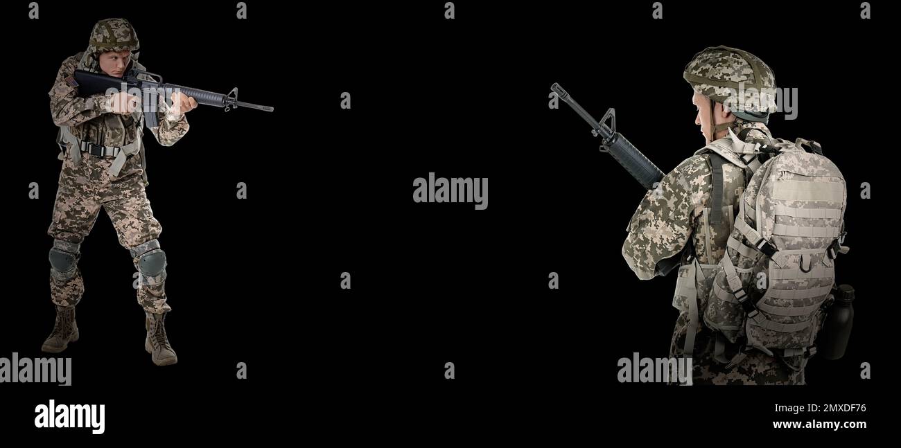 Man in military uniform with machine gun on black background, banner ...