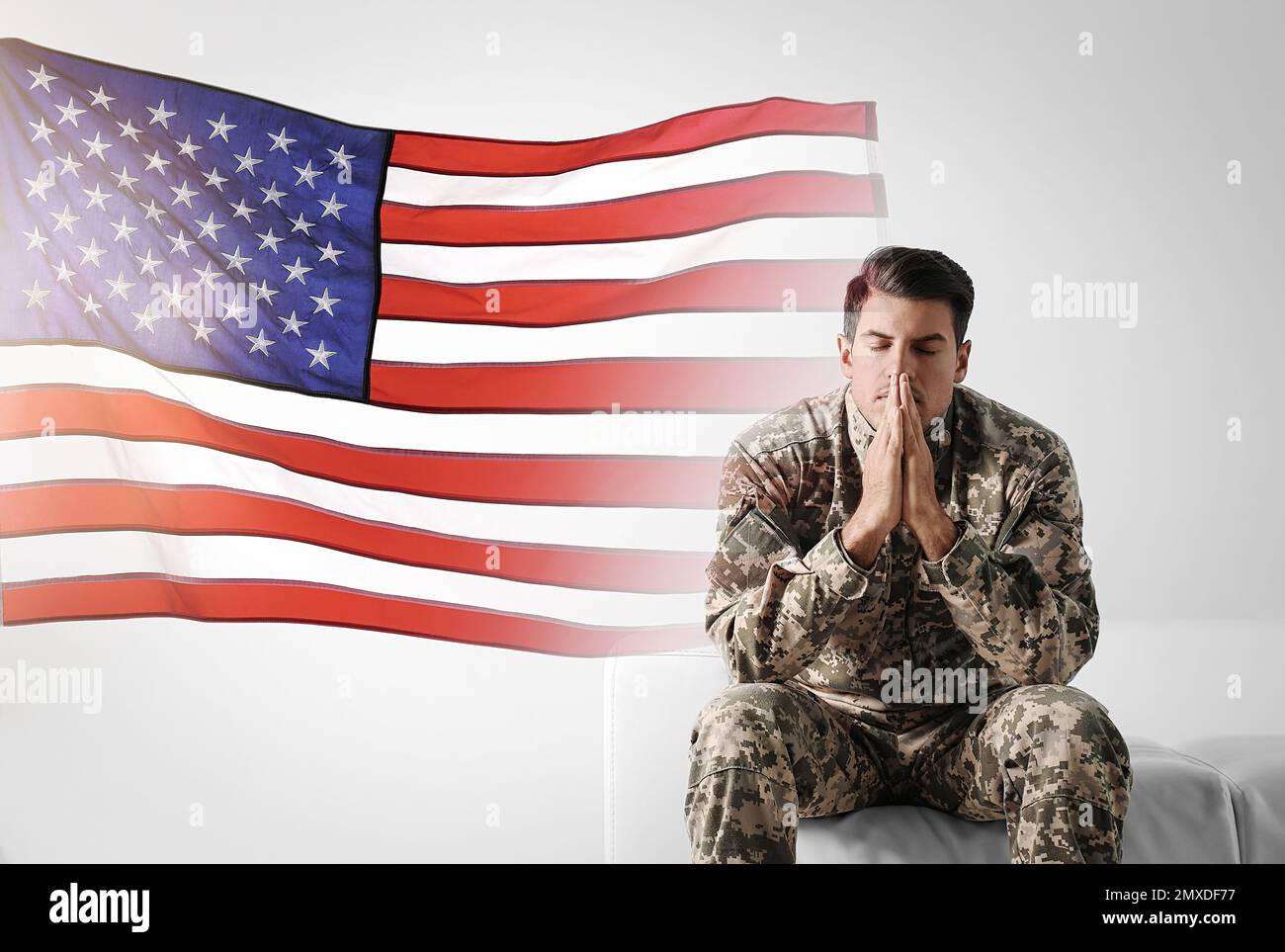 Double exposure of soldier and American flag. Military service Stock ...