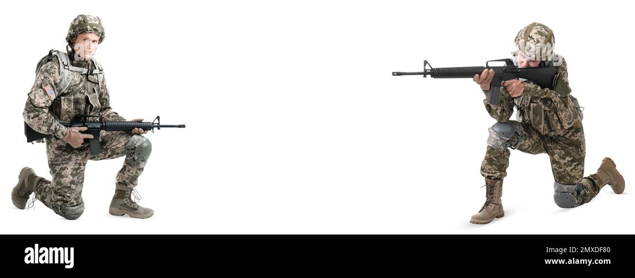 Soldiers with machine guns on white background, banner design. Military ...