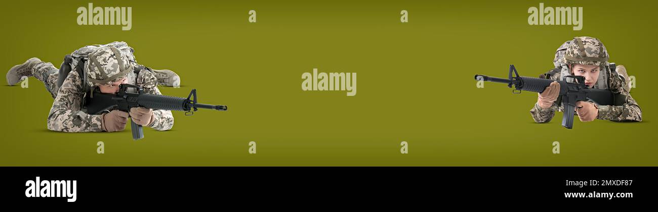 People in military uniforms with machine guns on color background ...