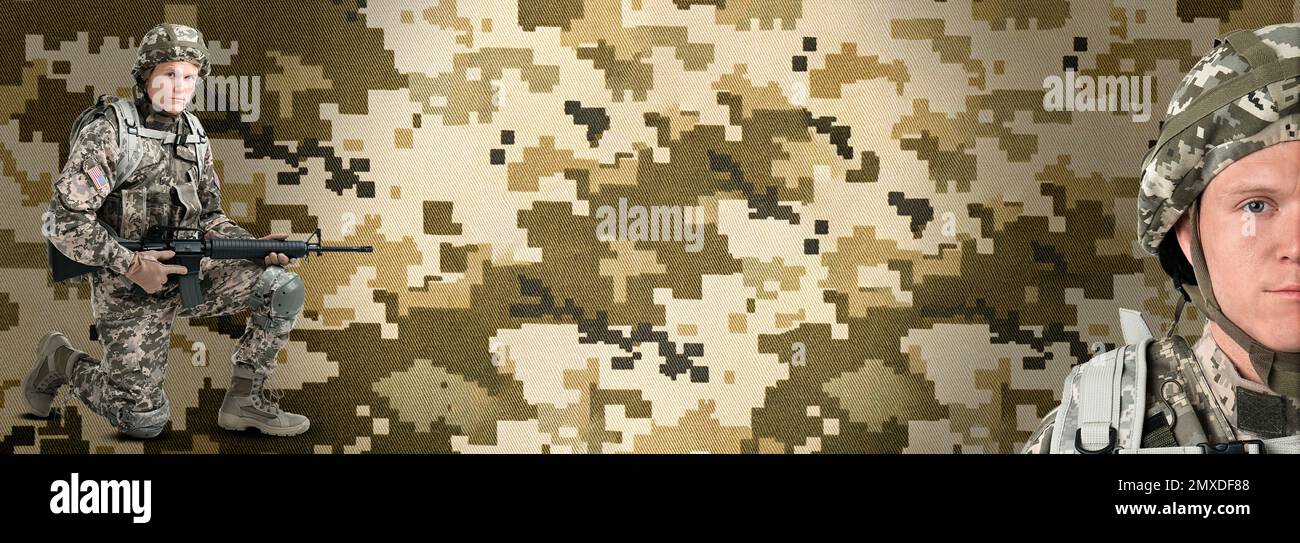 Banner design with man in military uniform and digital camouflage ...