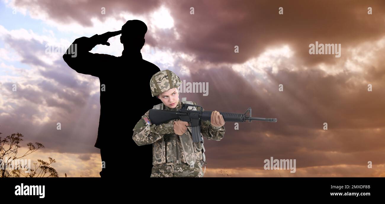 Soldiers in uniforms outdoors, banner design. Military service Stock ...