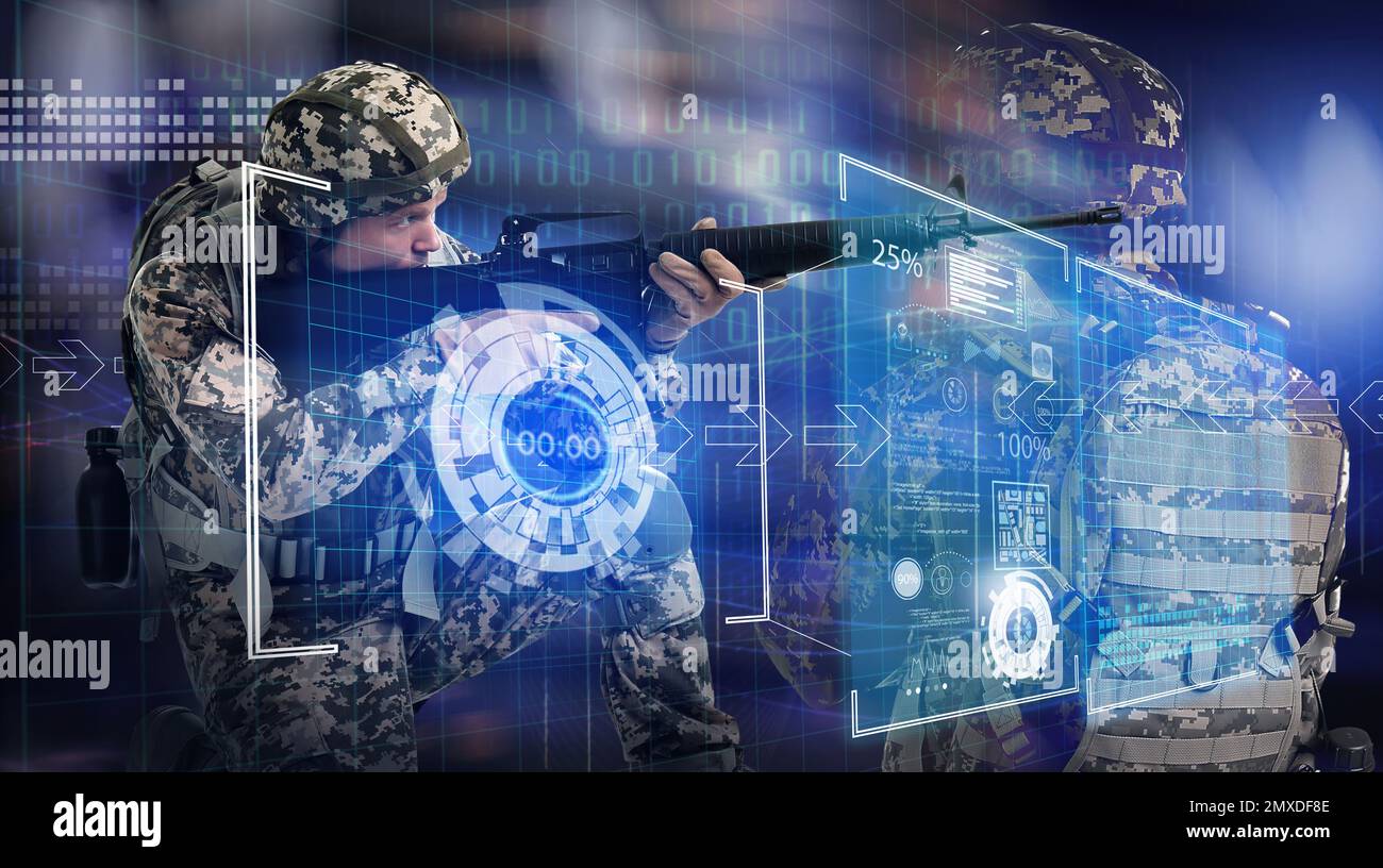 Double exposure of soldier with machine gun and different schemes ...