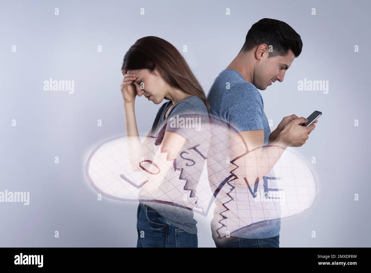 Double exposure of couple with relationship problems and broken paper ...