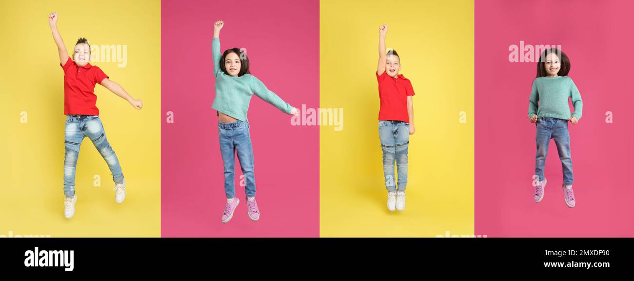 Collage of jumping schoolchildren on color backgrounds. Banner design ...