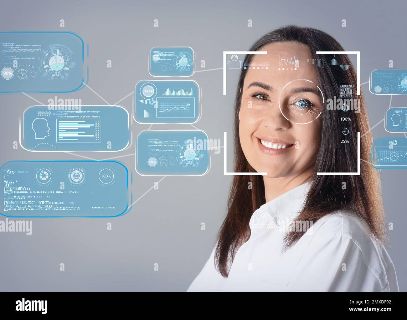 Facial recognition system. Woman with scanner frame on face and ...