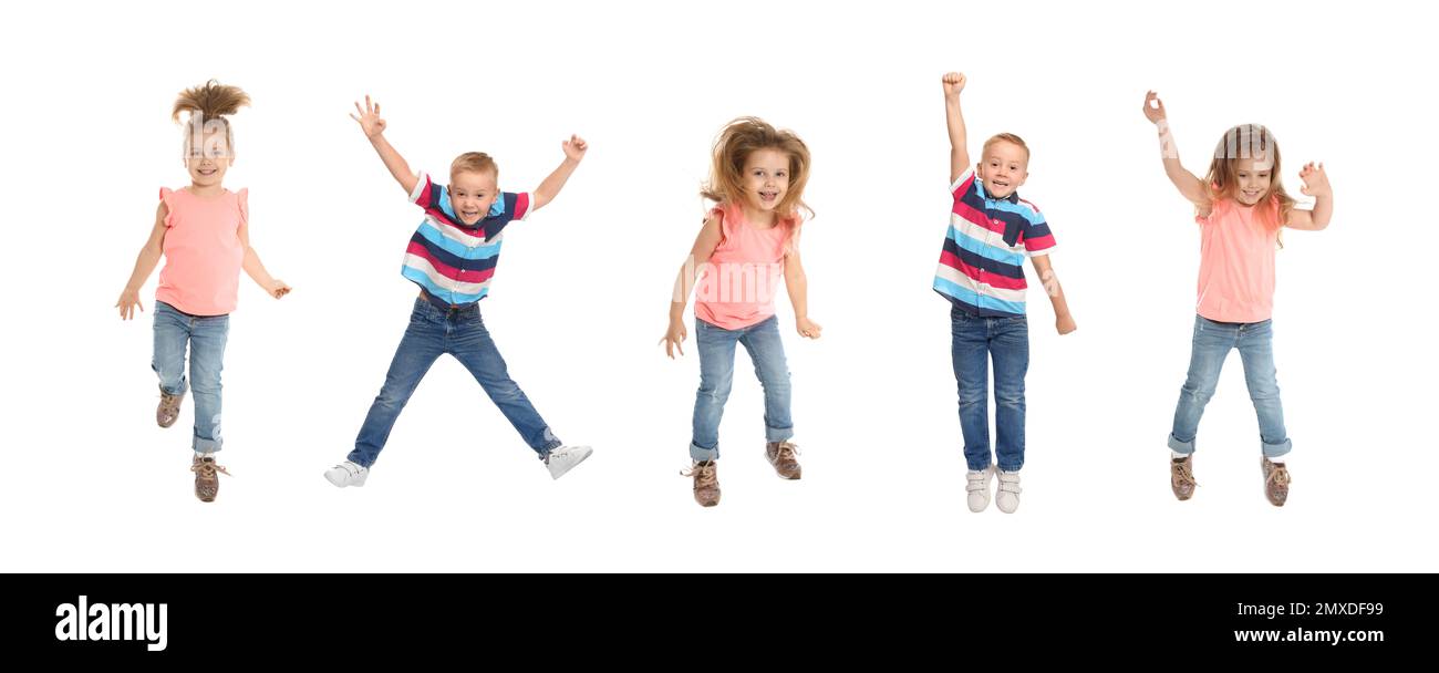 Collage of jumping schoolchildren on white background. Banner design ...