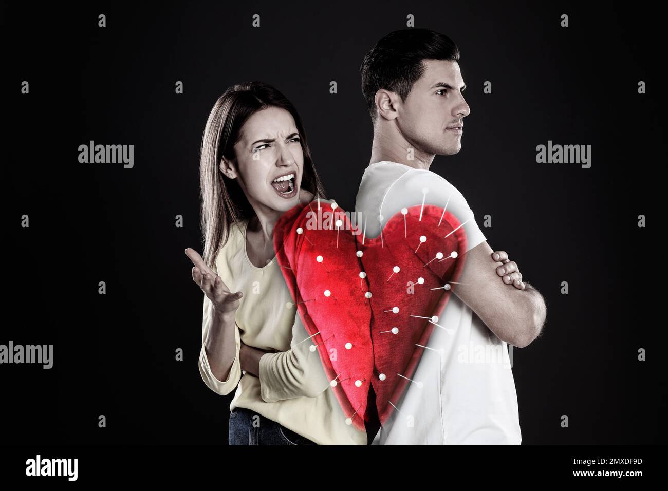 Double exposure of heart shaped cushion with sewing pins and couple ...