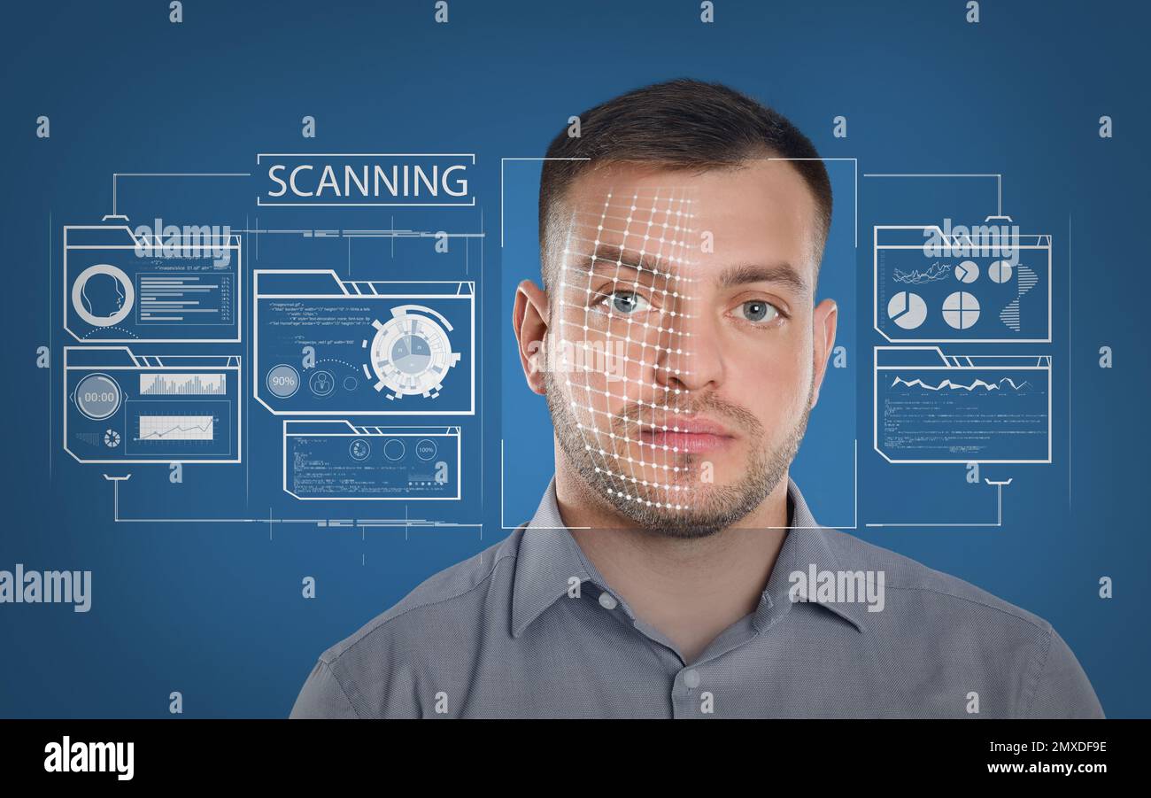 Facial recognition system. Man with scanner frame on face and ...