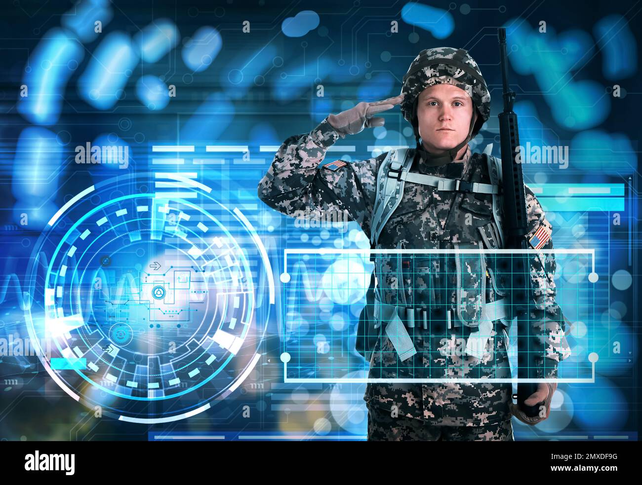 Double exposure of soldier with machine gun and different schemes ...