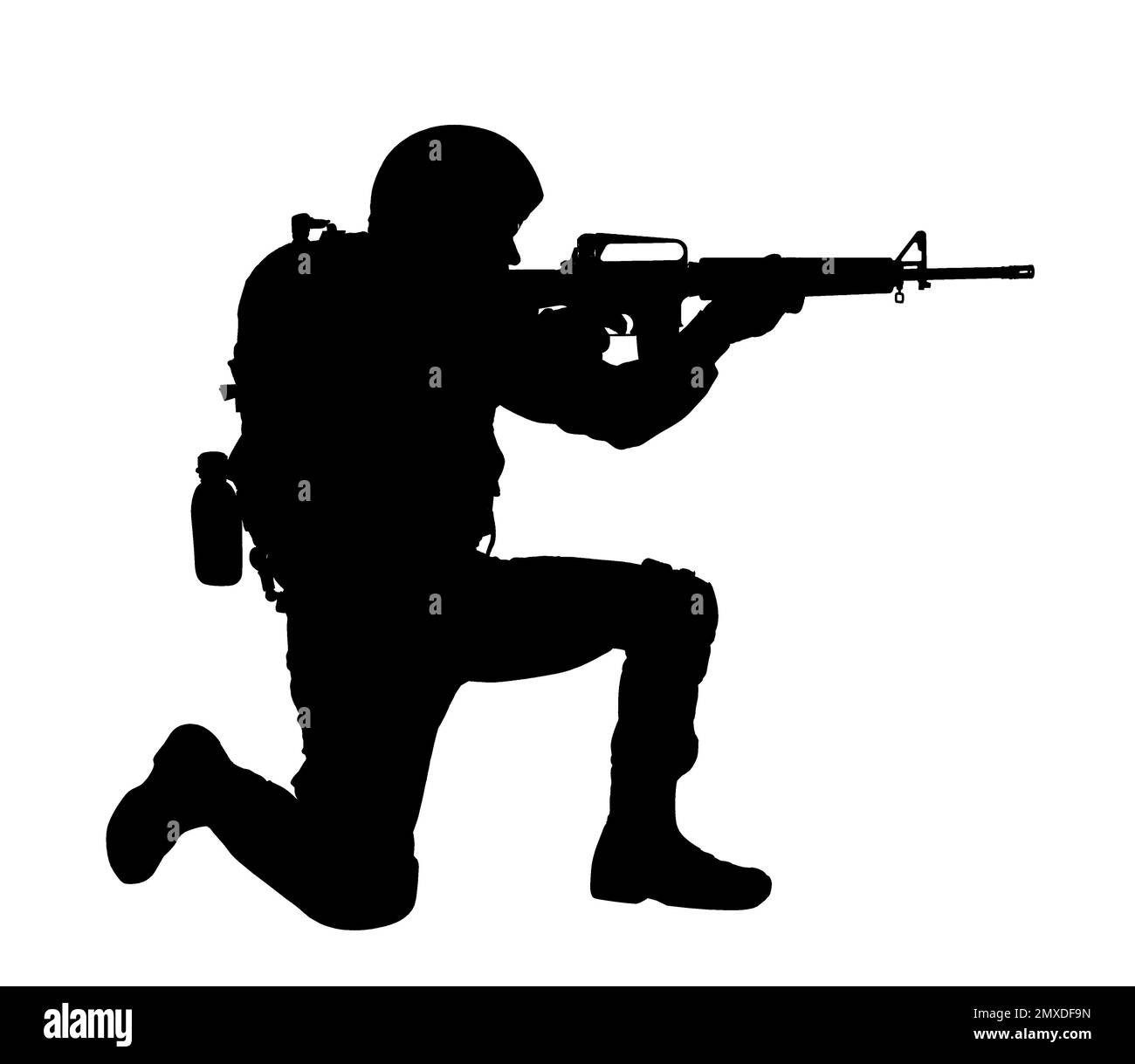 Silhouette of soldier with assault rifle on white background. Military ...
