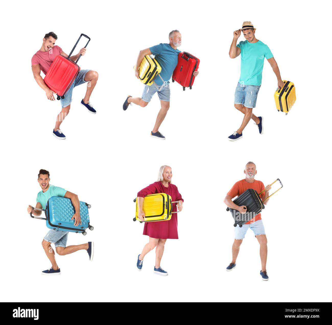 People with different suitcases on white background, collage Stock ...