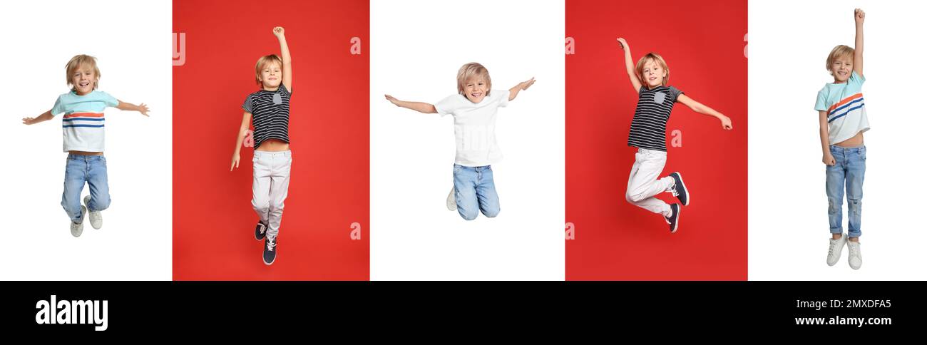 Collage of jumping school boy on color backgrounds. Banner design Stock ...