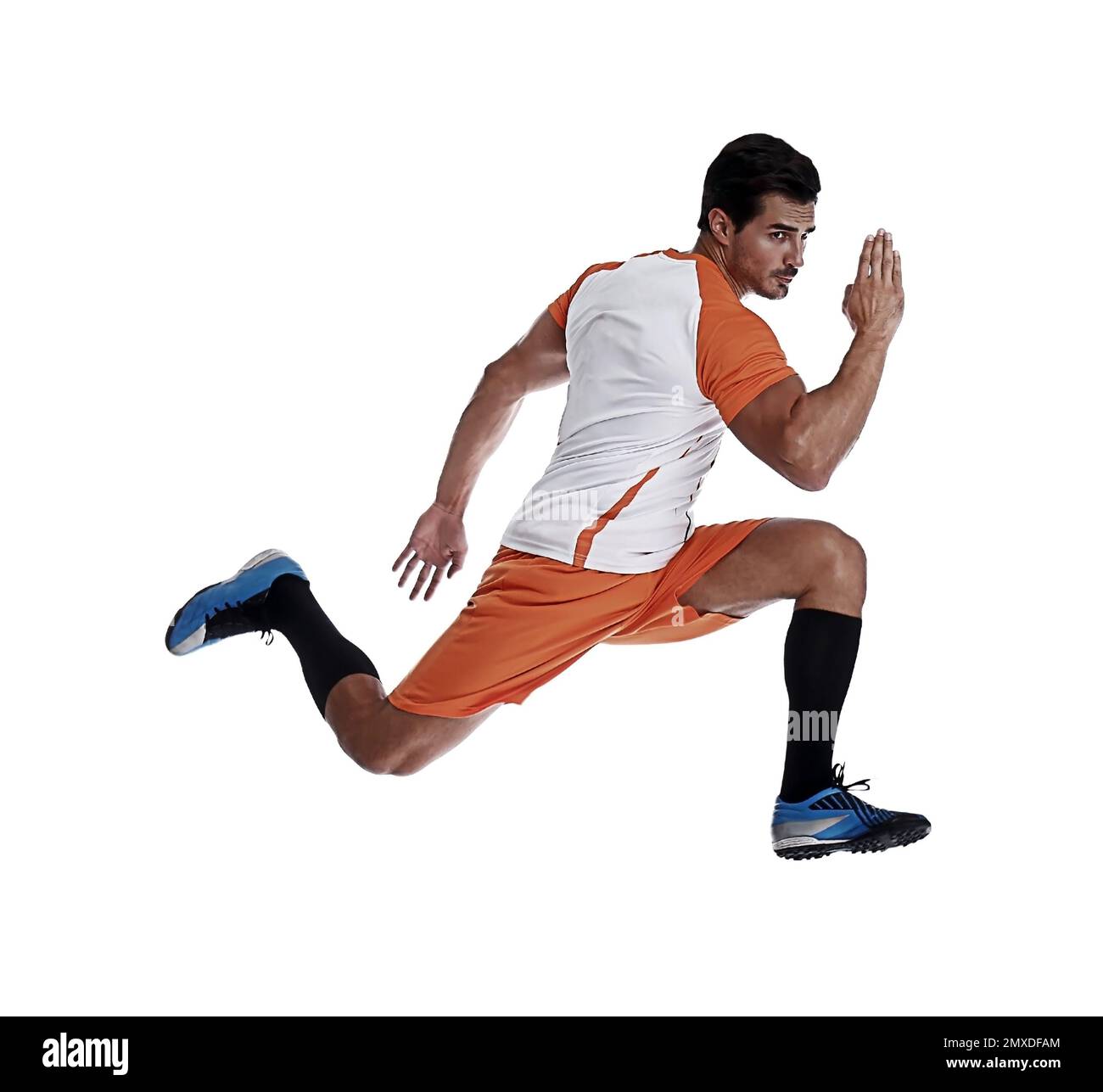 Young man playing football on white background Stock Photo - Alamy