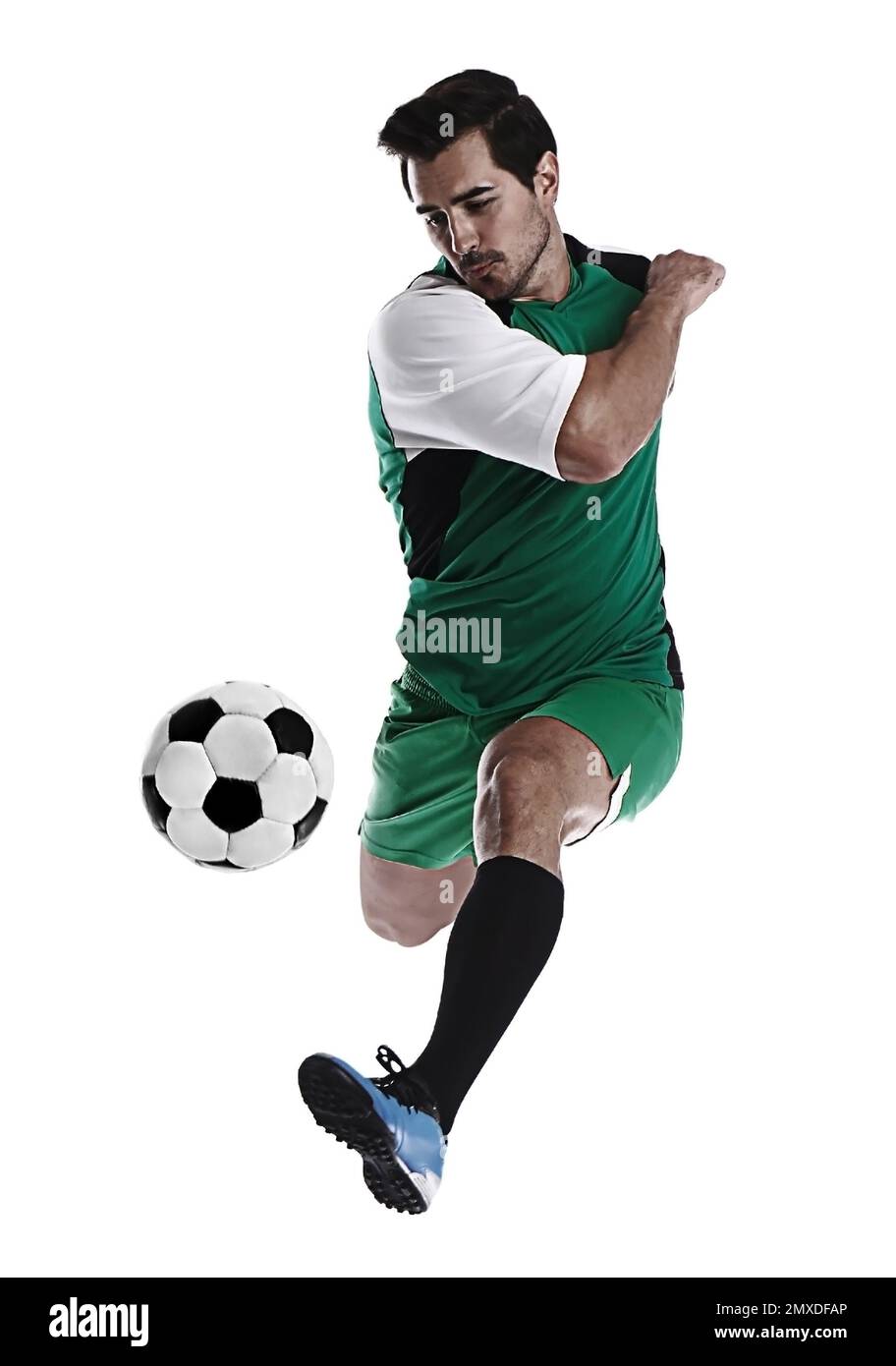 Young man playing football on white background Stock Photo - Alamy