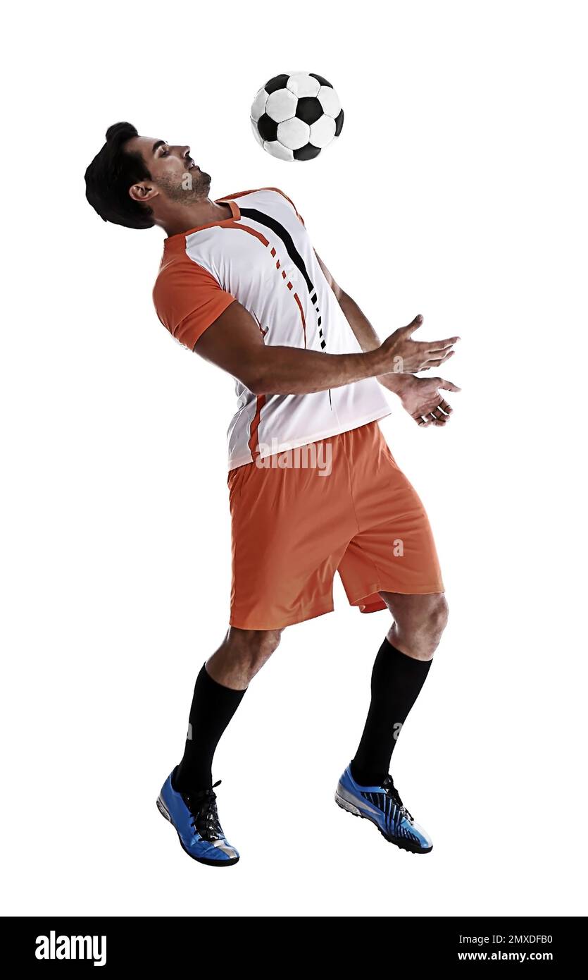 Young man playing football on white background Stock Photo - Alamy