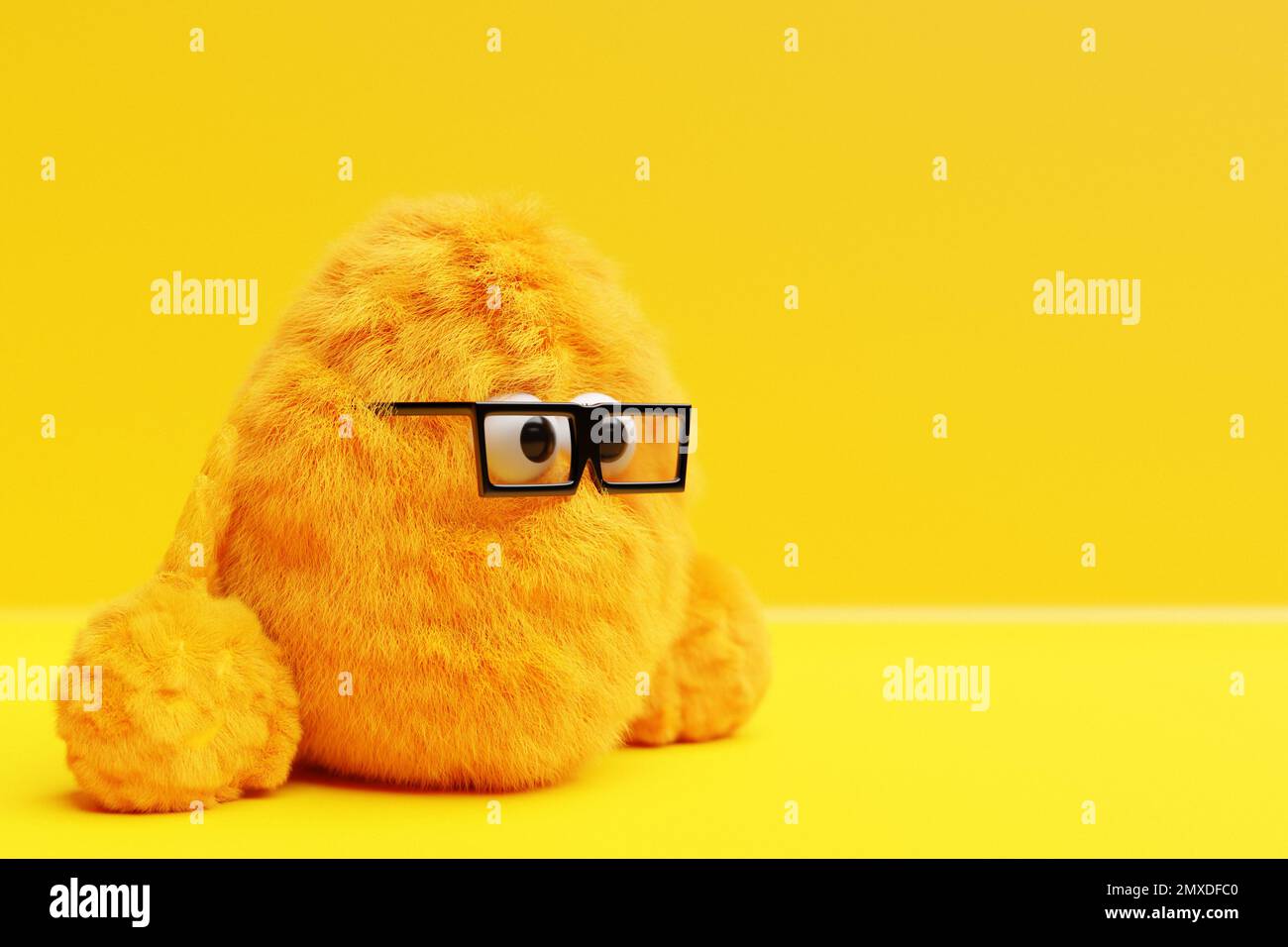 3D illustration of a funny furry yellow monster with eyes and glasses ...