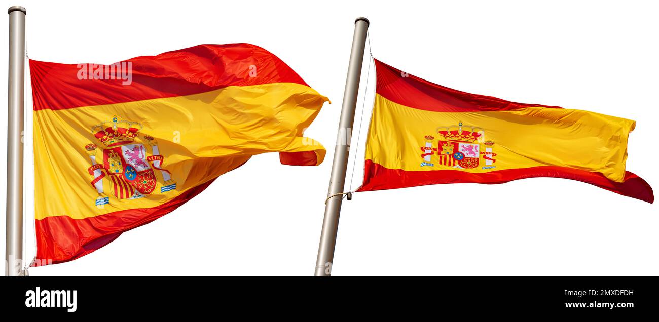 Close-up of two spanish flags (la Rojigualda) hanging on the flagpole ...