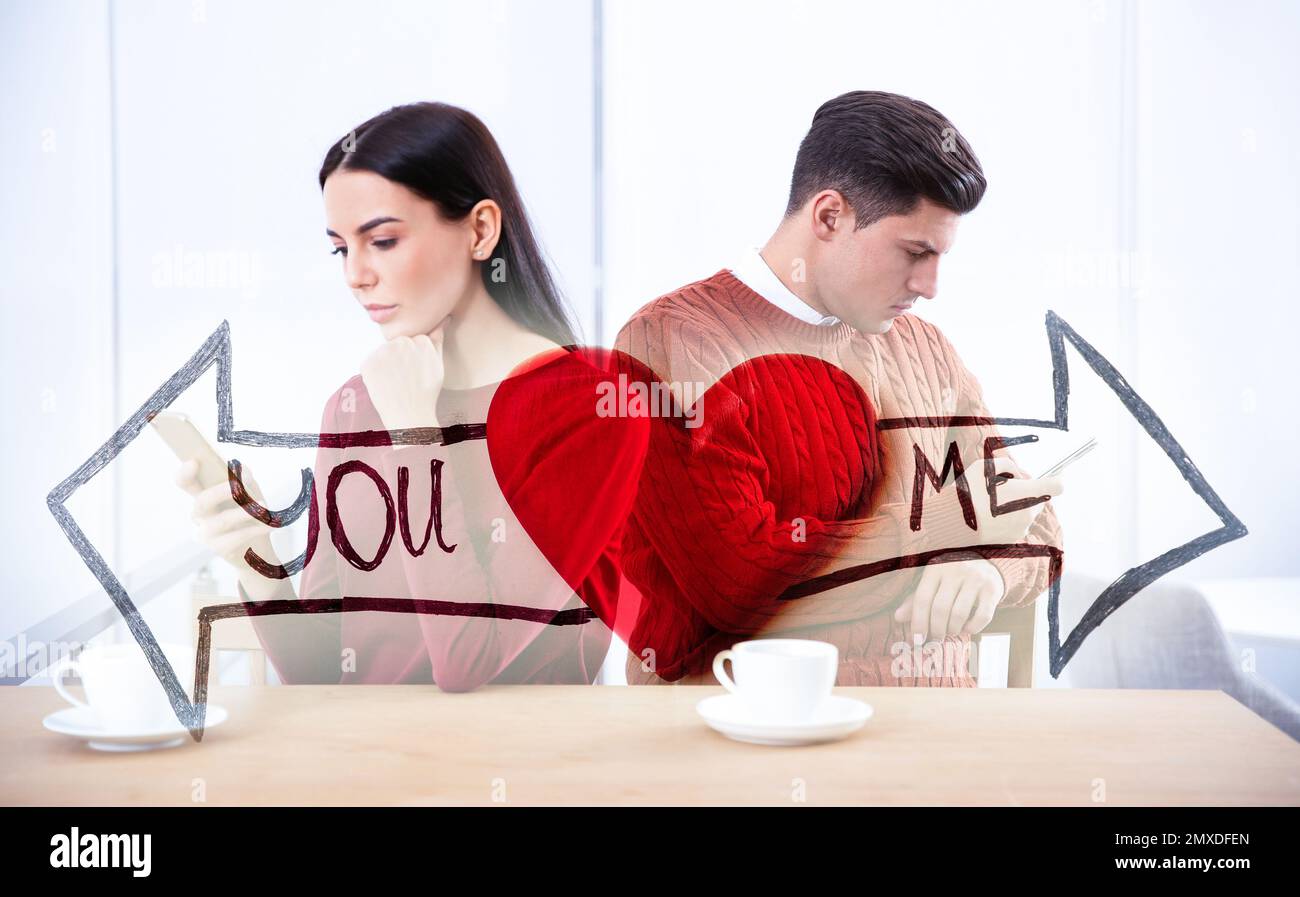 Double exposure of couple addicted to smartphones ignoring each other ...