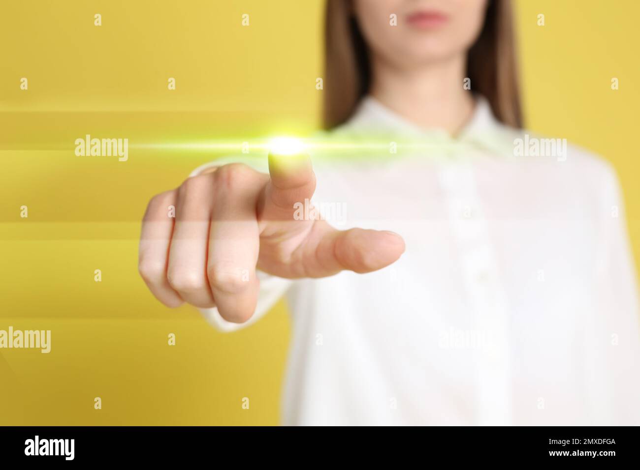 Woman pressing button on virtual screen, closeup Stock Photo - Alamy