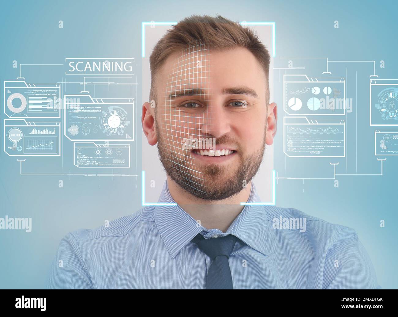 Facial recognition system. Man with scanner frame on face and ...
