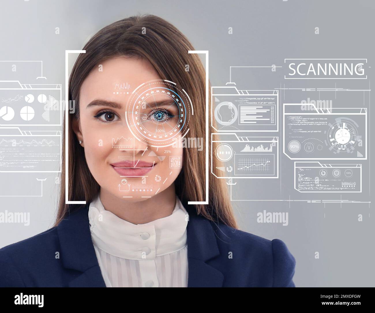 Facial recognition system. Woman with scanner frame on face and ...