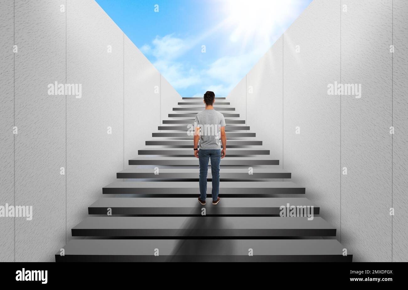 Man standing on stairs and looking forward. Way to success Stock Photo ...