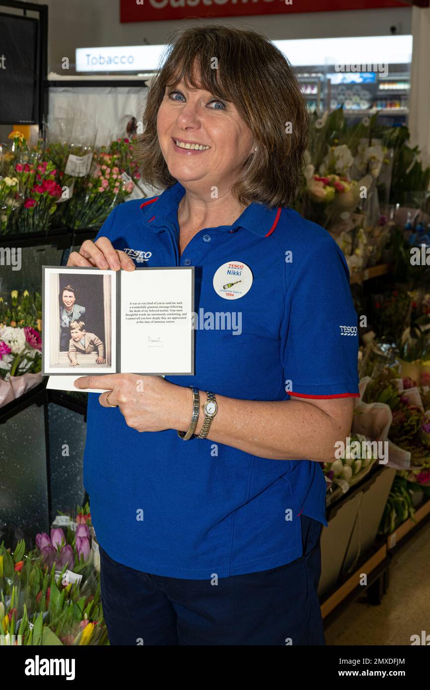 Cornwall, uk, 02/02/2023, Card from king Charles thanking Tesco worker ...