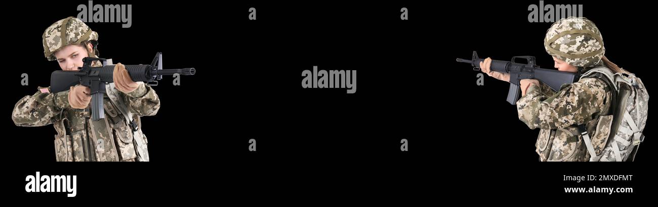 Woman in military uniform with machine gun on black background, banner ...