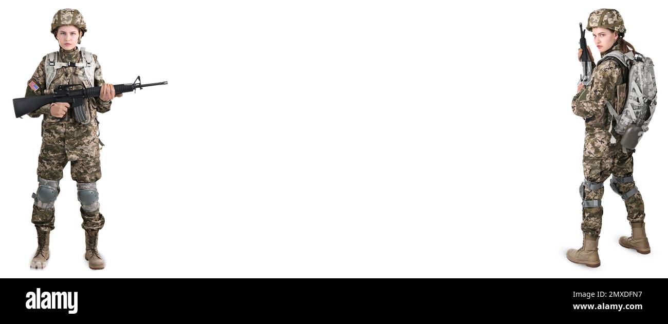 Female soldier with machine gun on white background, banner design ...