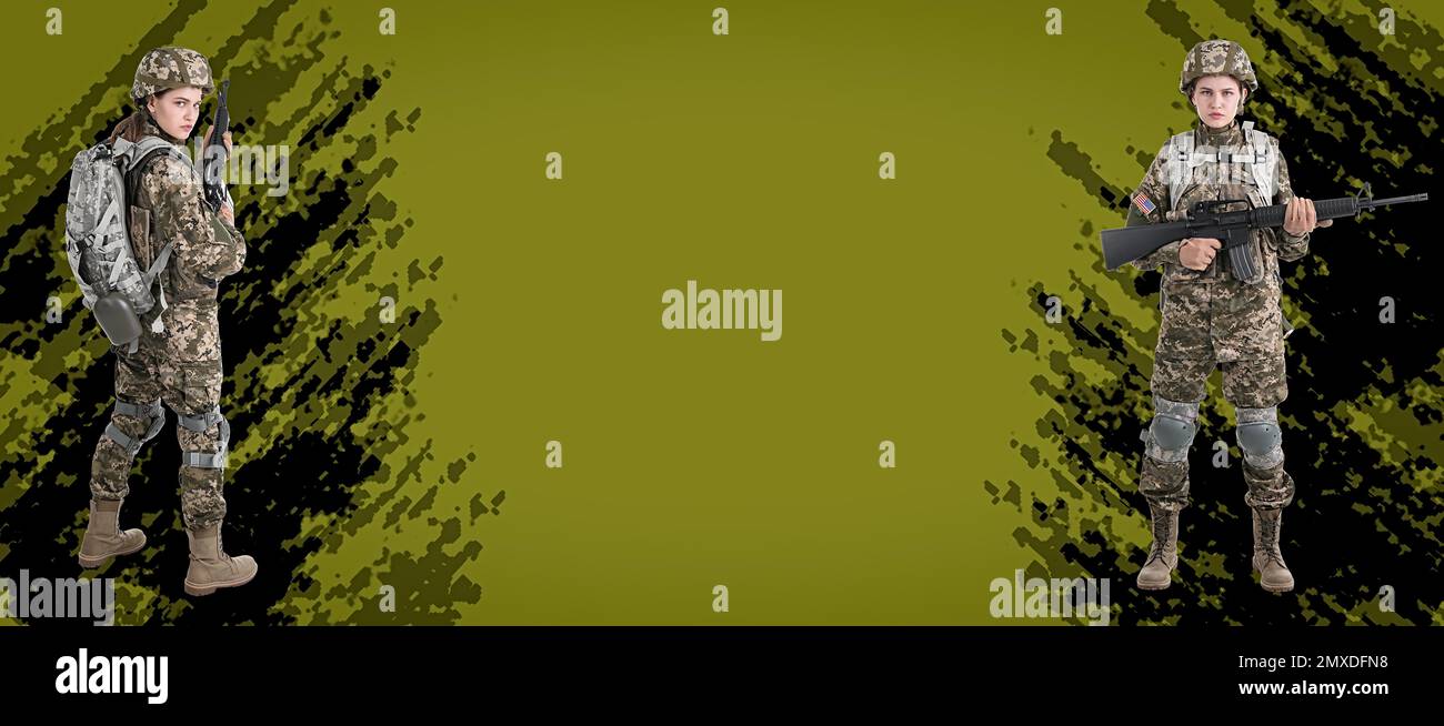 Woman in military uniform with machine gun on color background, banner ...