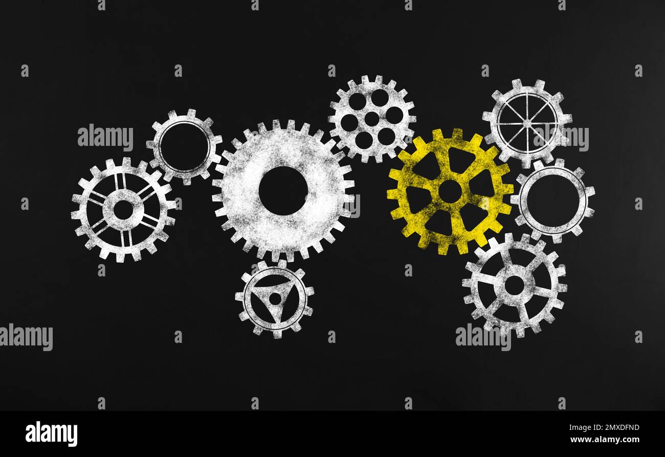 Drawing of gear mechanism on chalkboard. Illustration Stock Photo - Alamy