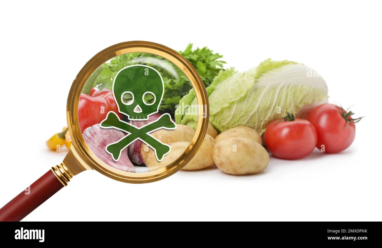 Magnifying glass and vegetables on white background. Food poisoning ...